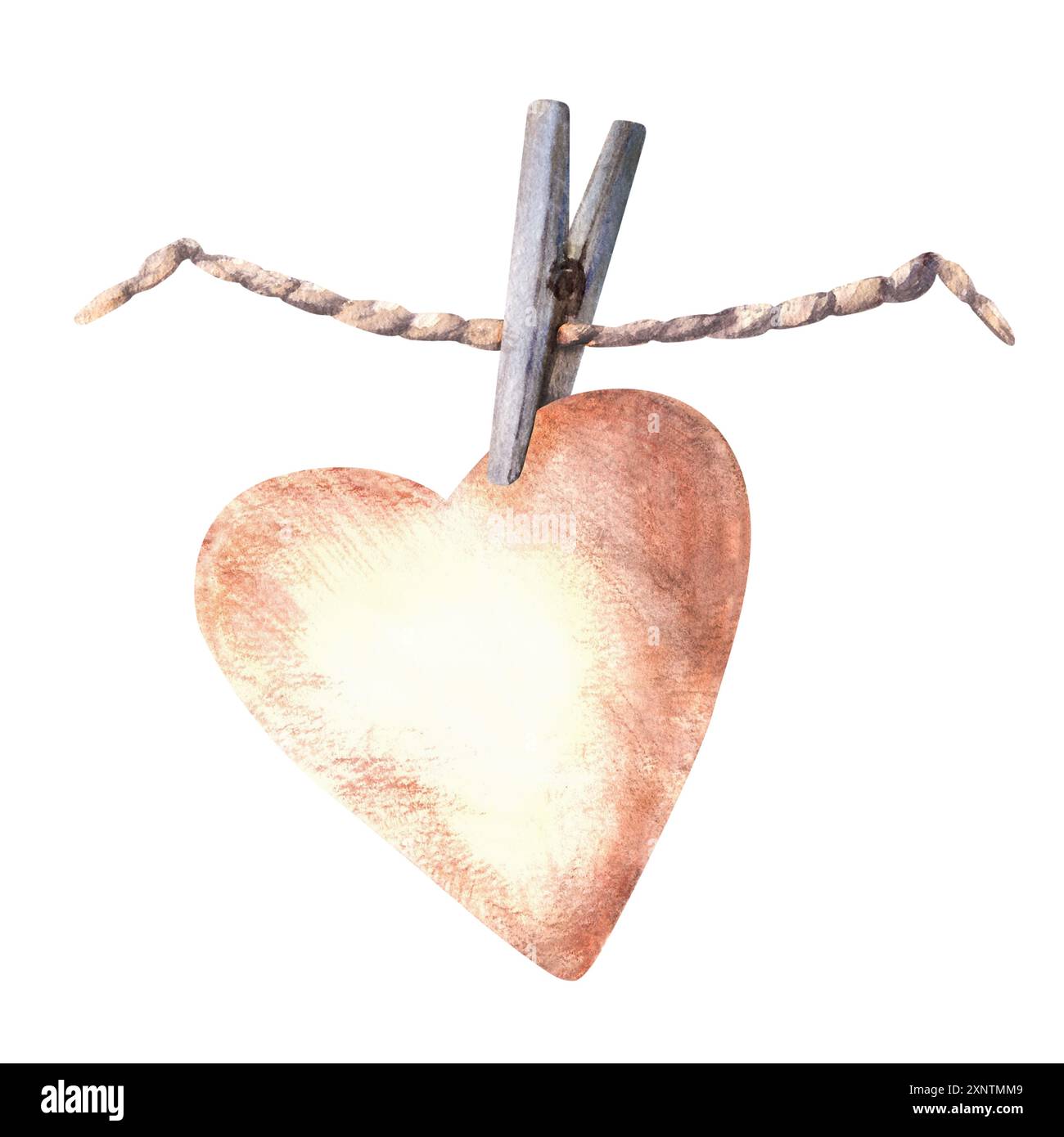 Watercolor Heart on a clothespin hanging on a string, rope. Cute ...