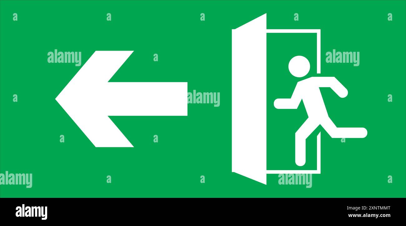 Emergency exit sign, running man icon to door, green color, arrow ...