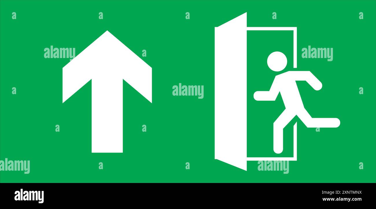 Emergency exit sign, running man icon to door, green color, arrow ...
