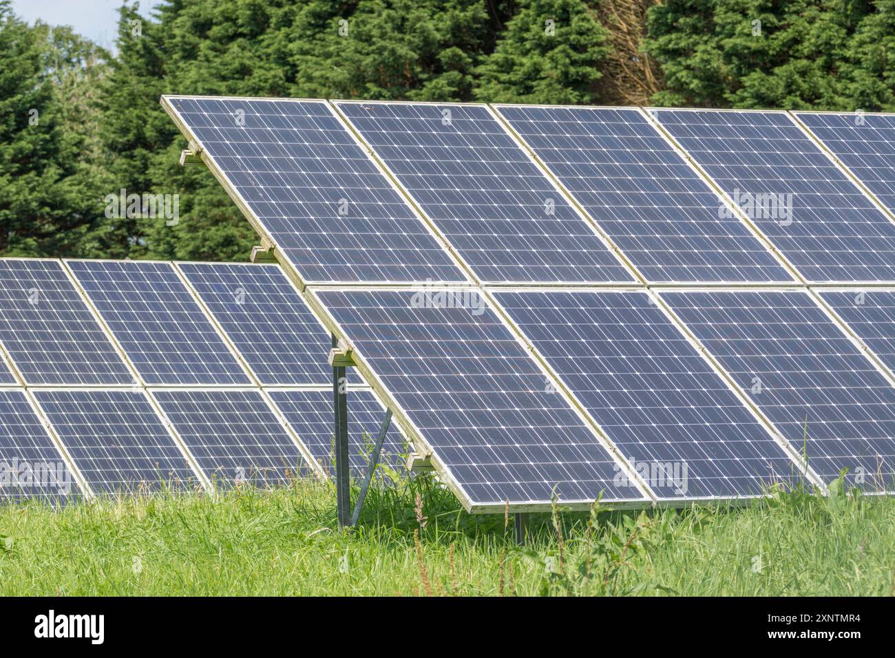 Sections of racked fixed tilt PV / Photo-voltaic solar farm array of ...
