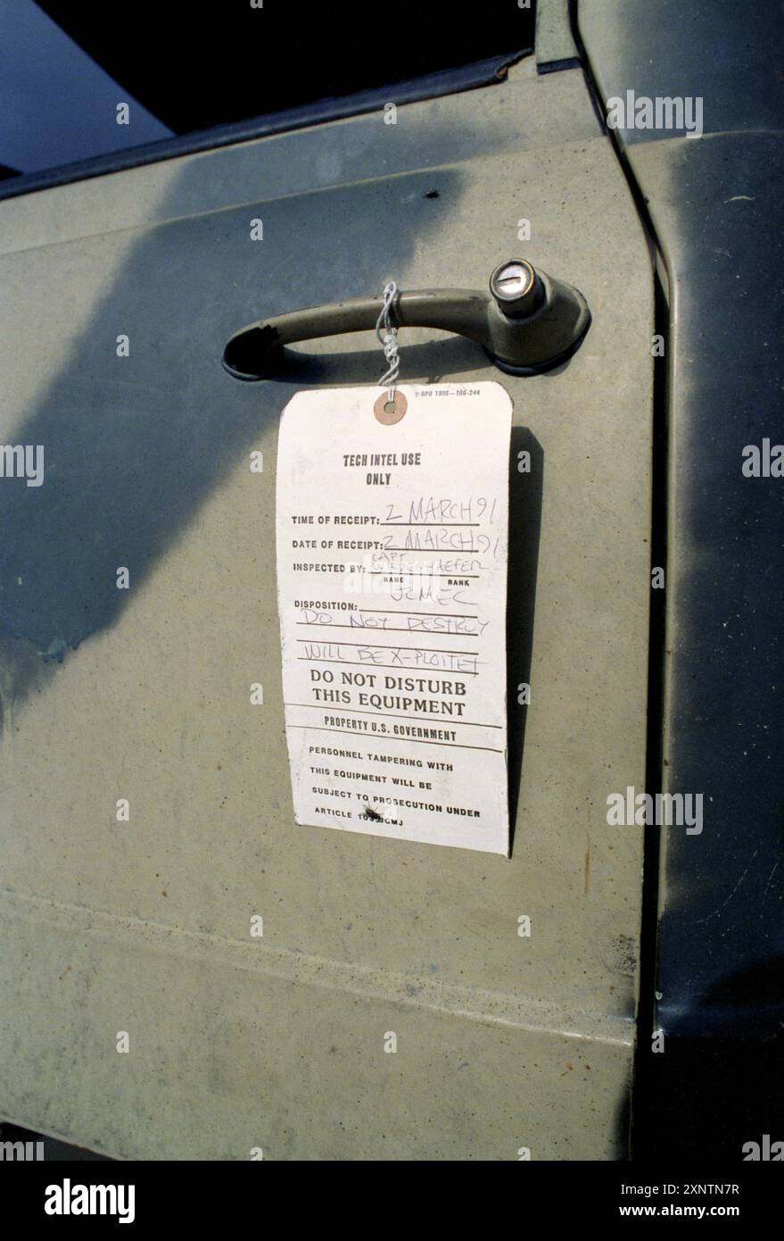 First Gulf War: 4th March 1991 A JCMEC "Do not disturb this equipment" label attached to an ...