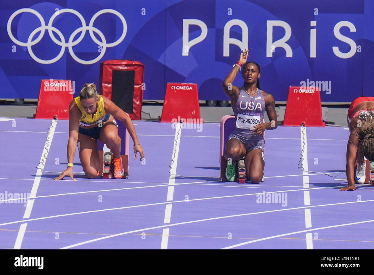 Paris, France. 02nd Aug, 2024. Sha'Carri Richardson of Team USA, right ...