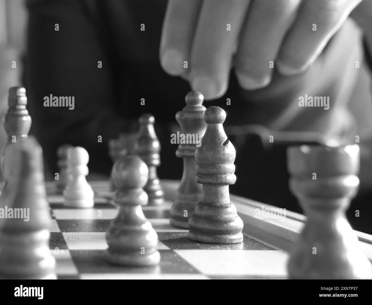 A closeup shot of hand of a male chess player moving the chess piece ...
