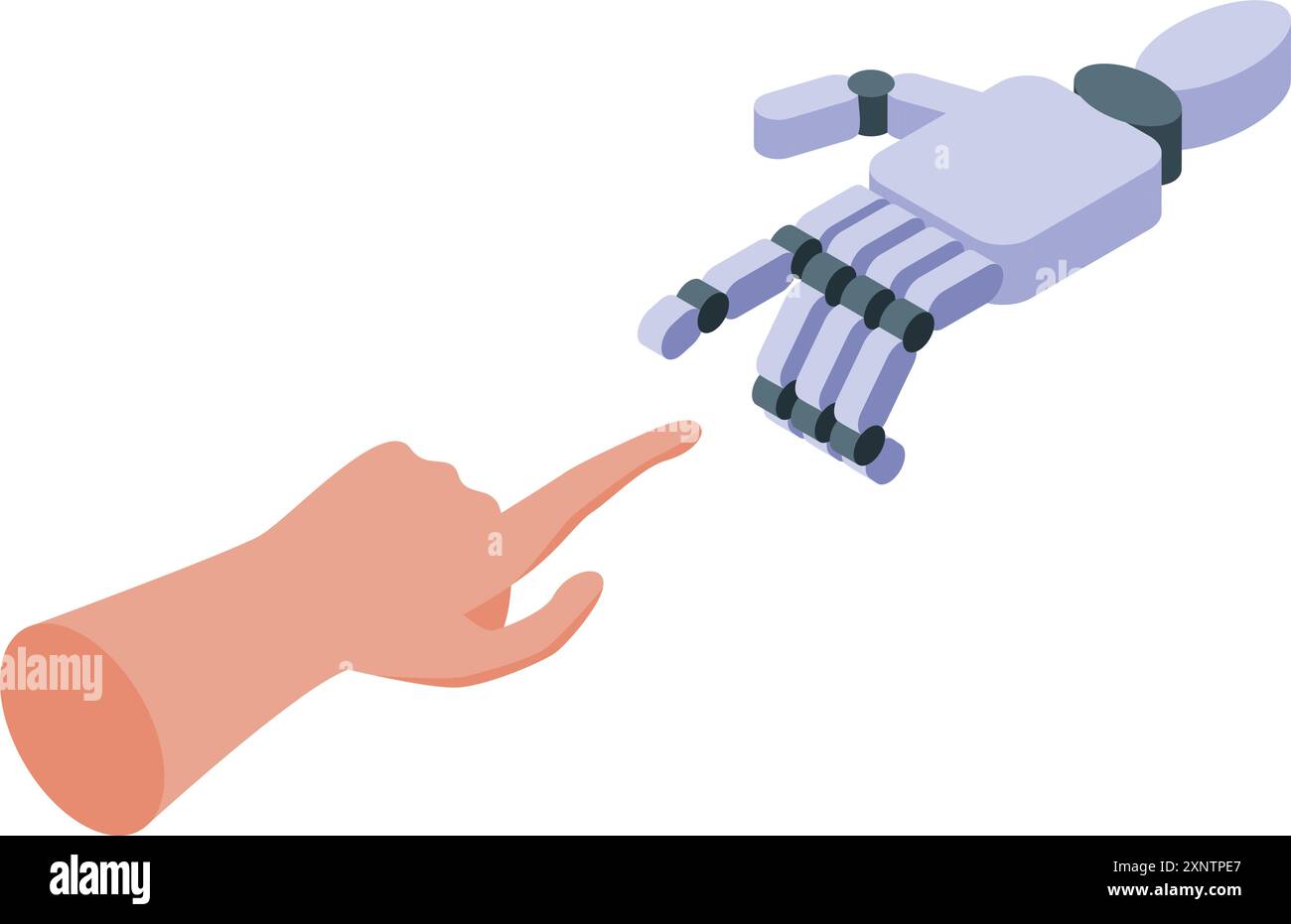 Human and robot hands touching each other presenting artificial ...