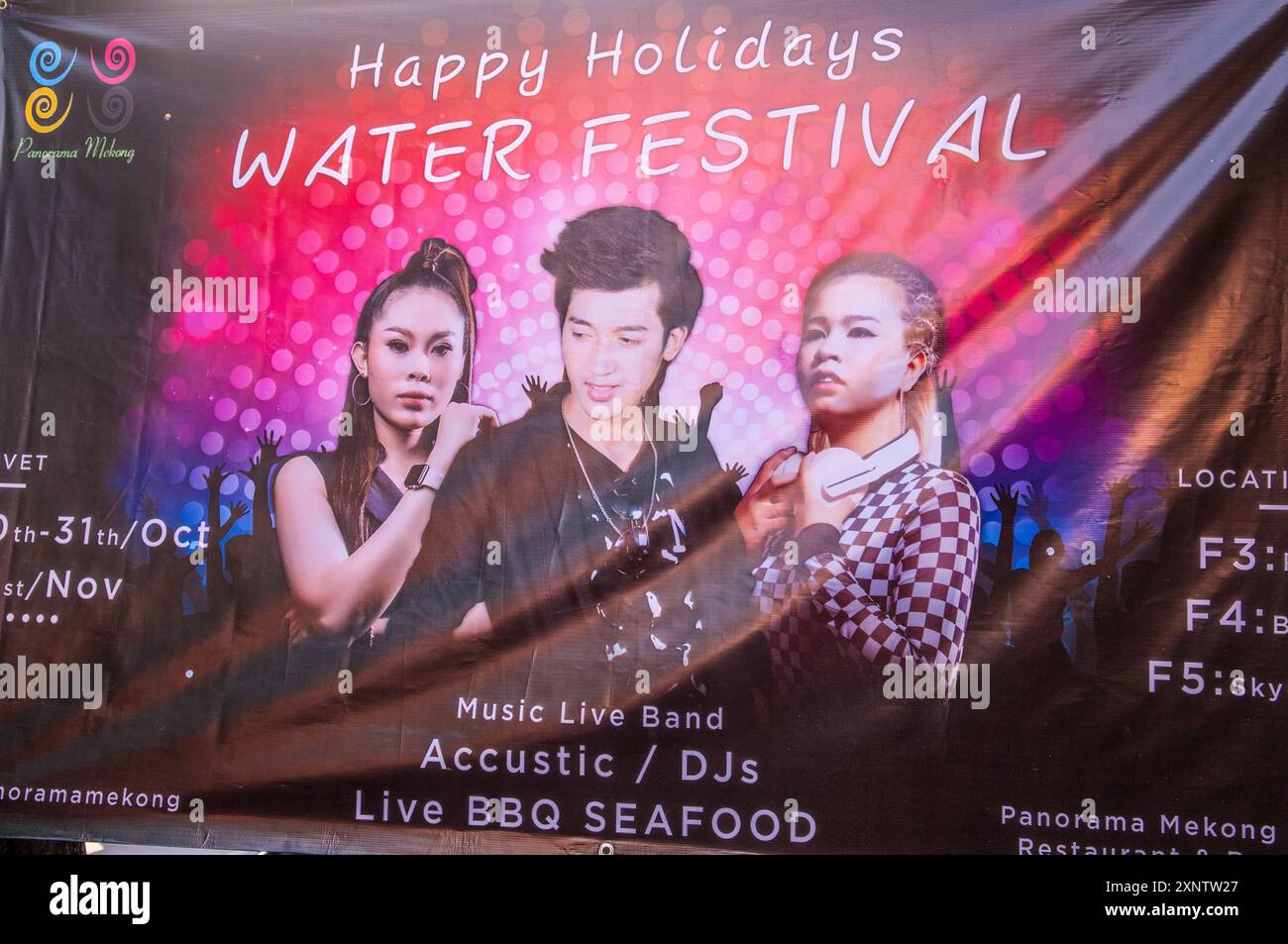 Cambodian Water Festival sign advertising live music. Phnom Penh ...