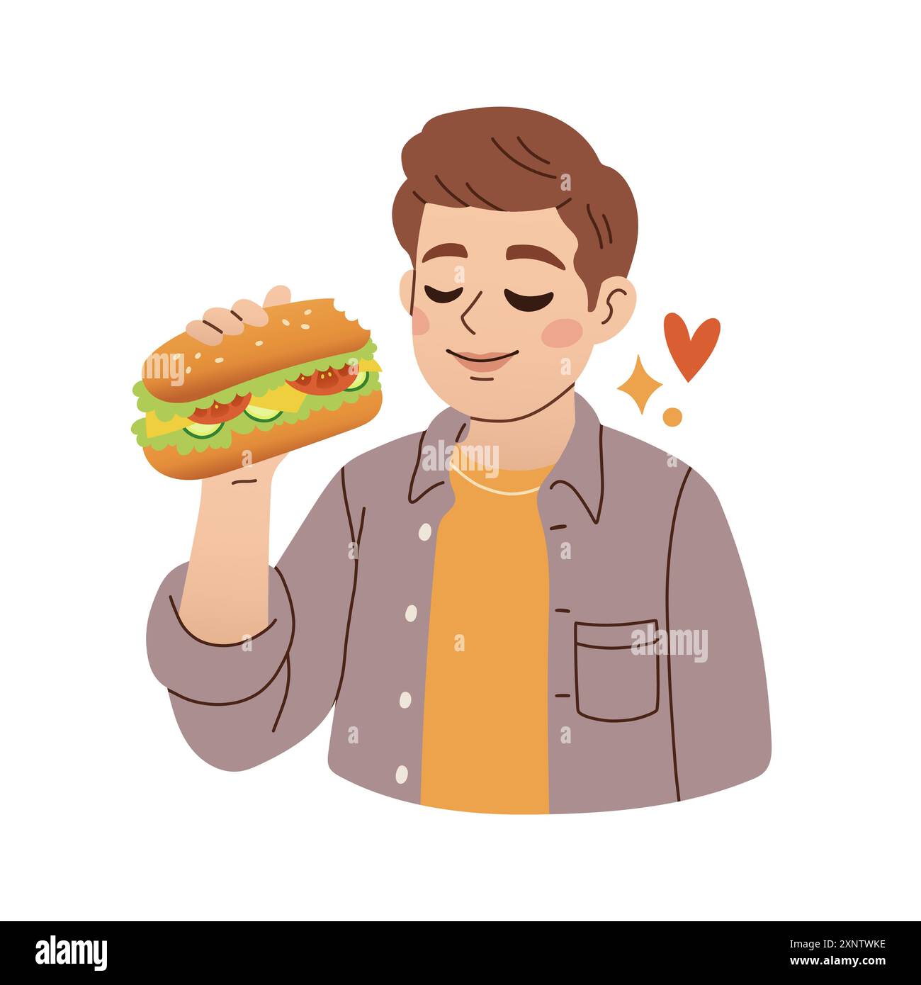 Man eating tasty sandwich. Excited male enjoy tasty fresh sandwich ...