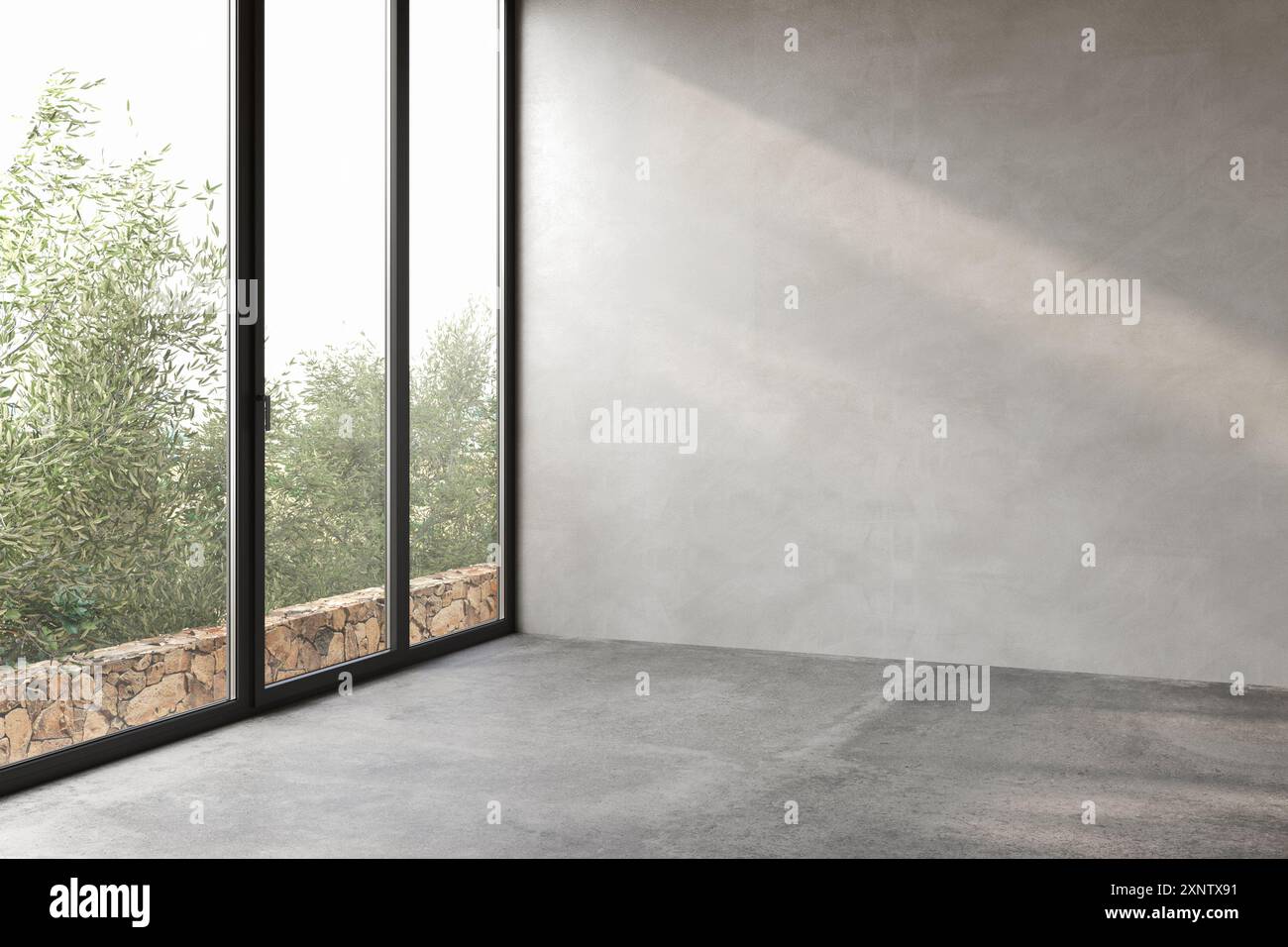 Modern contemporary loft empty room with nature view. There are wooden ...