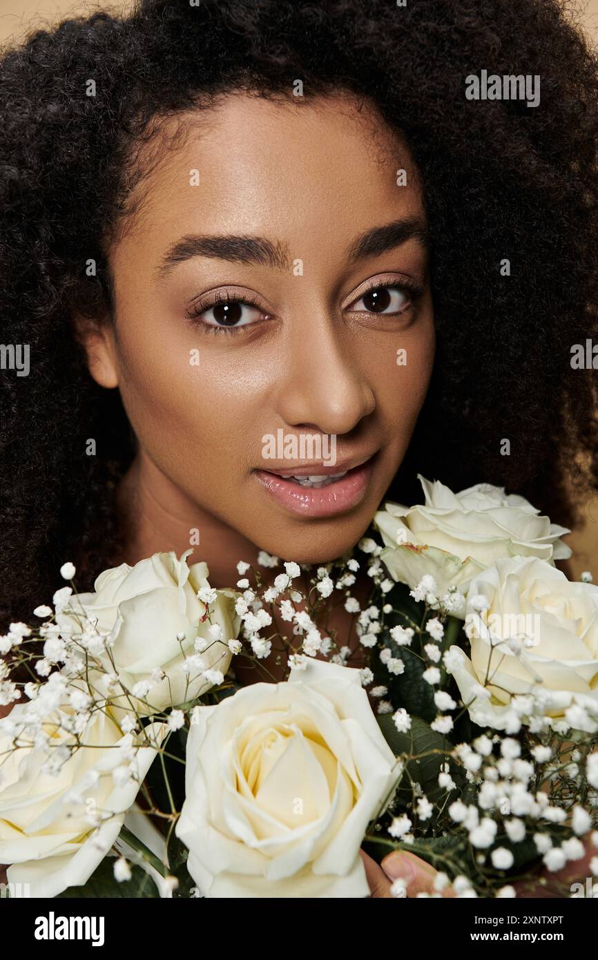 A close-up portrait of a beautiful African American woman with natural ...