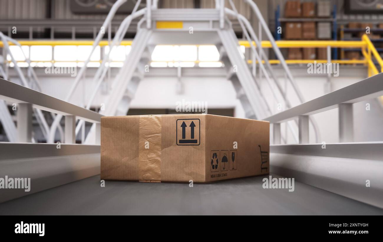 Recyclable Cardboard Box Being Transported on a Conveyor Belt in a Modern Logistics Center ...