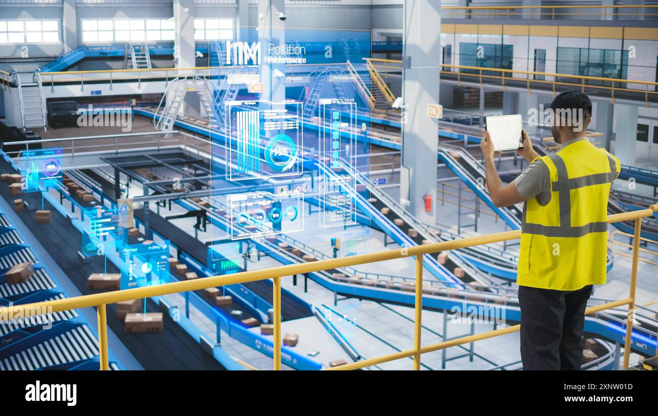 Male in a High Visibility Vest Using Tablet with Augmented Reality App ...