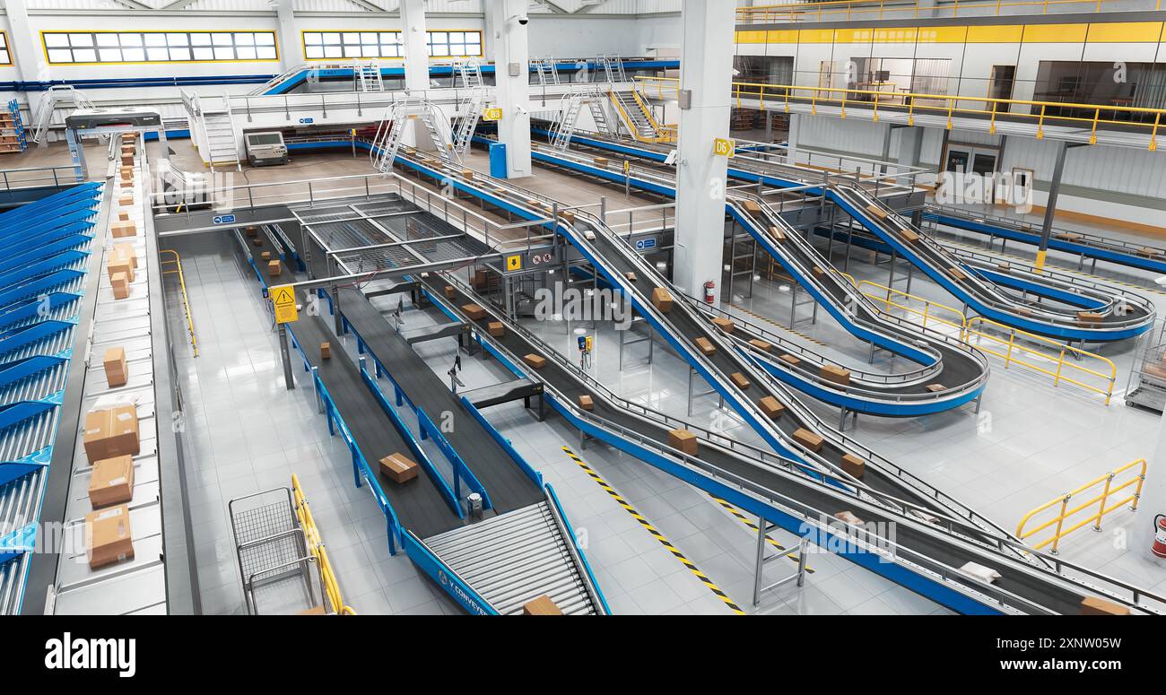 Parcels, Cardboard Boxes and Packages Moving on a Conveyor Belt at a Modern Logistics Center ...