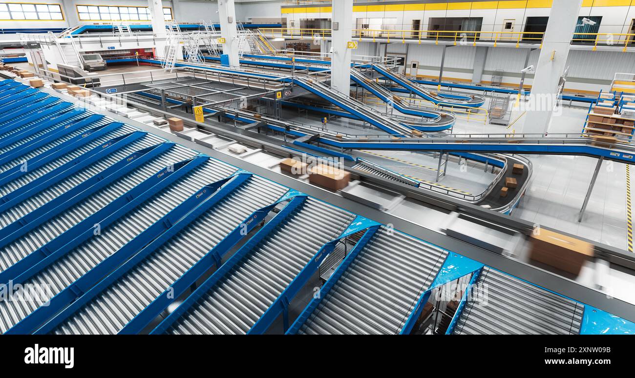 Parcels, Cardboard Boxes and Packages Lying on a Conveyor Belt at a Modern Logistics Center with ...