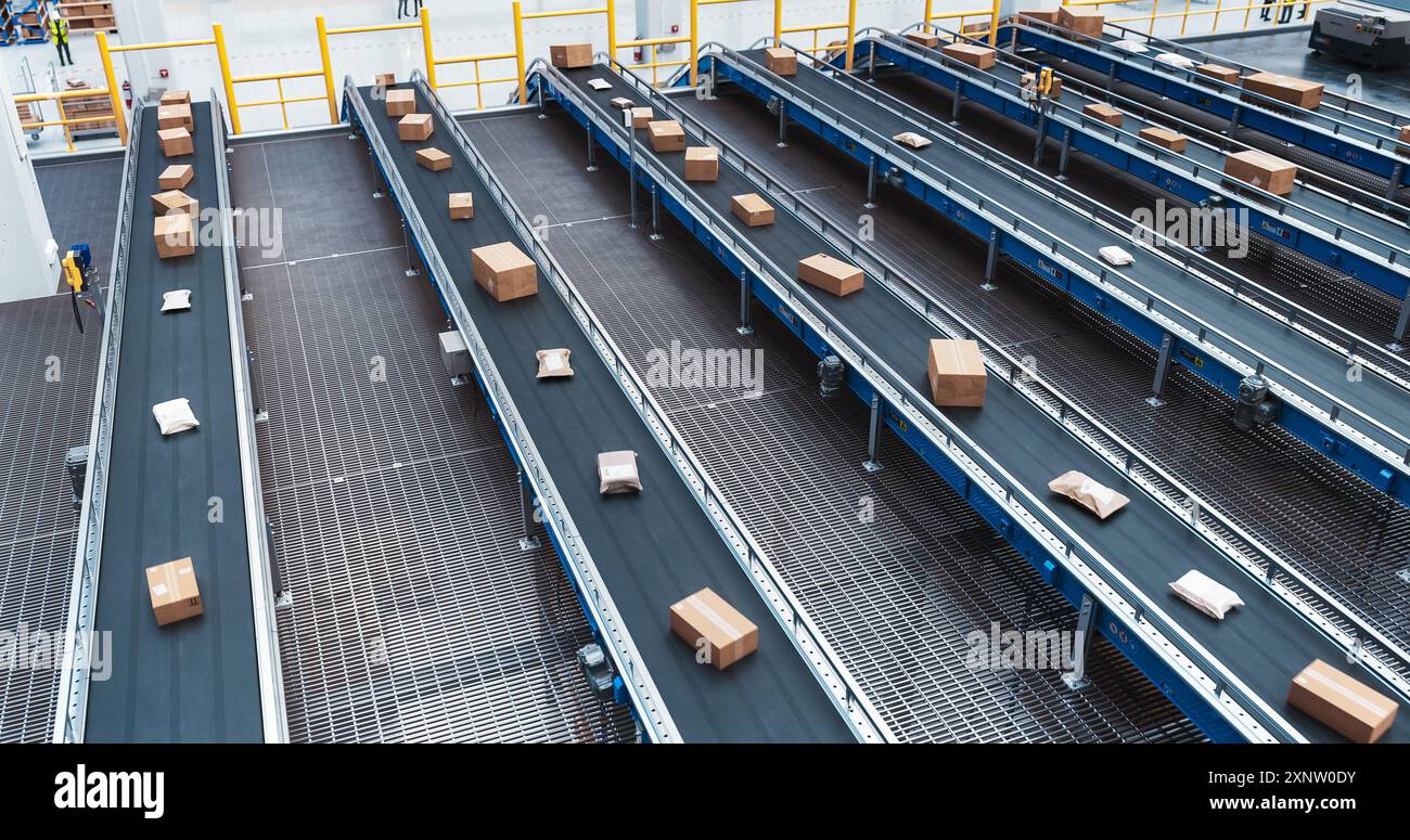 High Angle with Parcels, Boxes and Packages Moving on a Conveyor Line ...