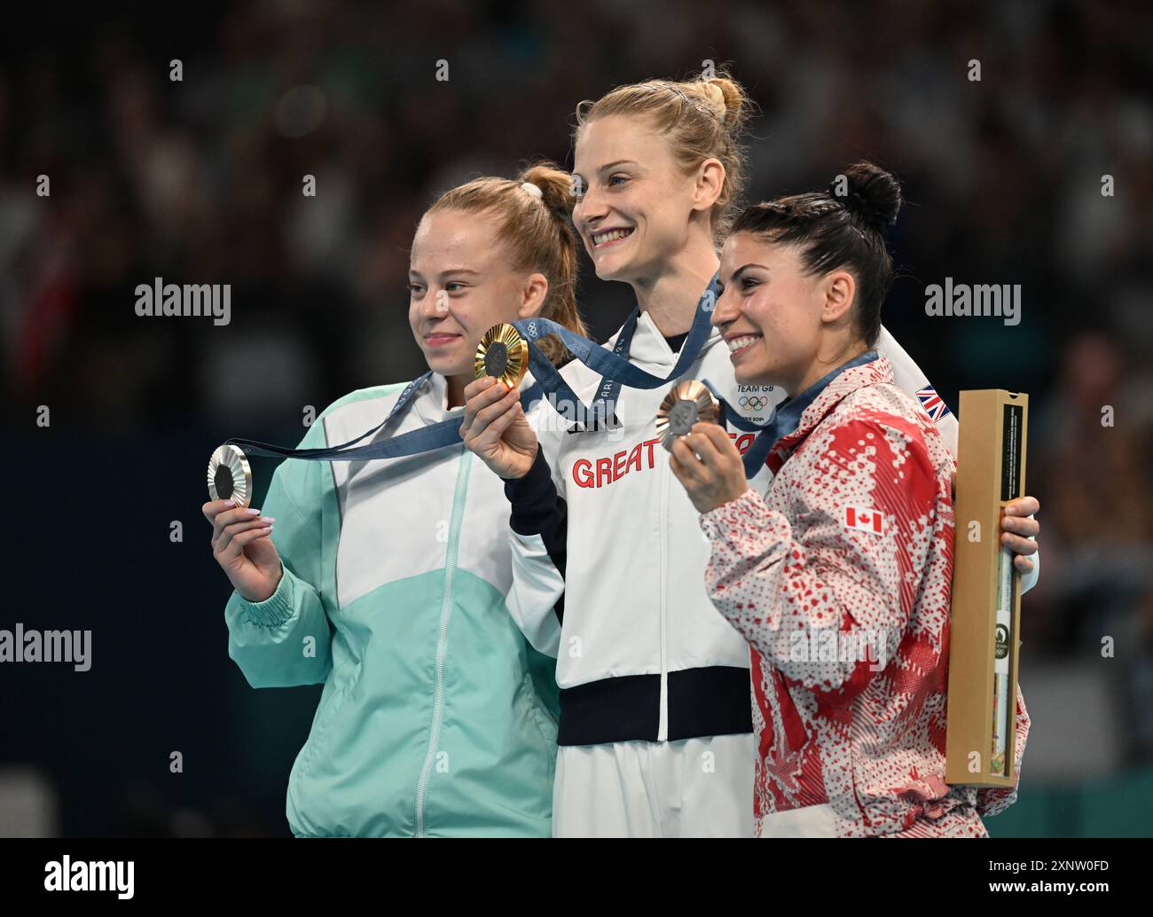 Paris, France. 2nd Aug, 2024. Gold medalist Bryony Page (C) of Great ...