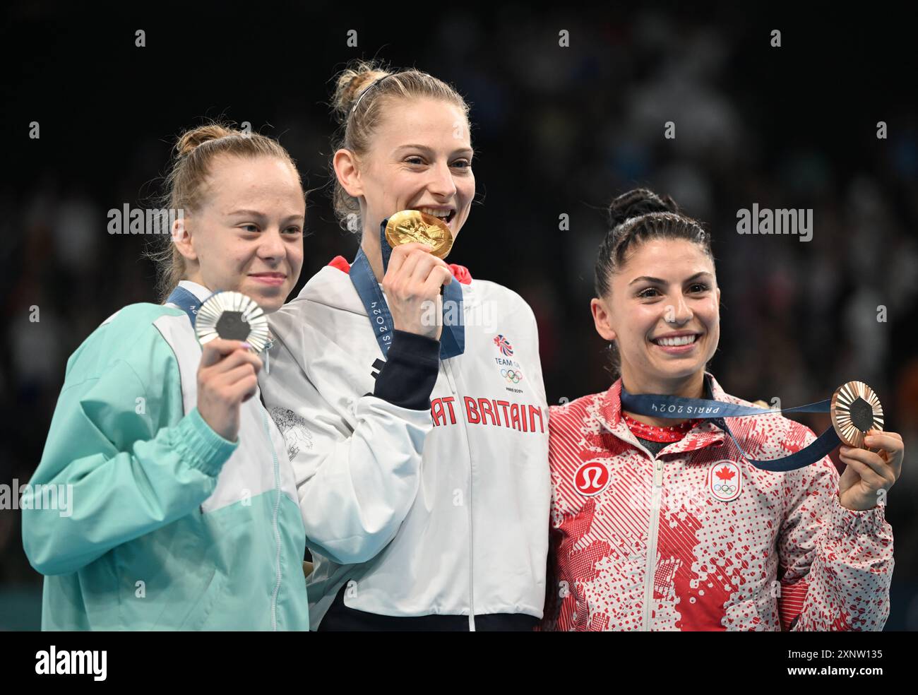 Paris, France. 2nd Aug, 2024. Gold medalist Bryony Page (C) of Great ...