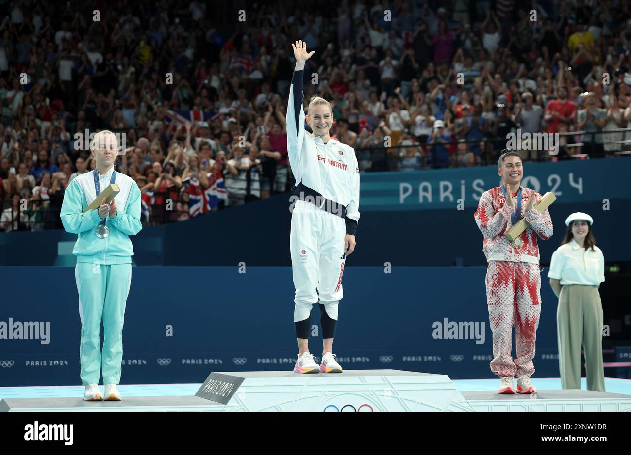 Paris, France. 2nd Aug, 2024. Gold medalist Bryony Page (C) of Great ...