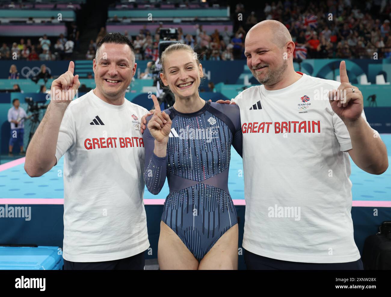 Paris, France. 2nd Aug, 2024. Bryony Page (C) of Great Britain poses ...