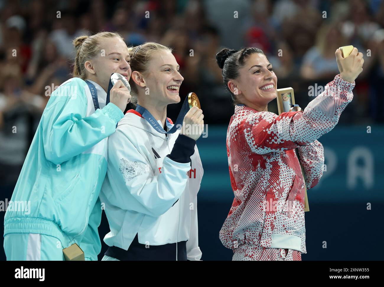 Paris, France. 2nd Aug, 2024. Gold medalist Bryony Page (C) of Great ...