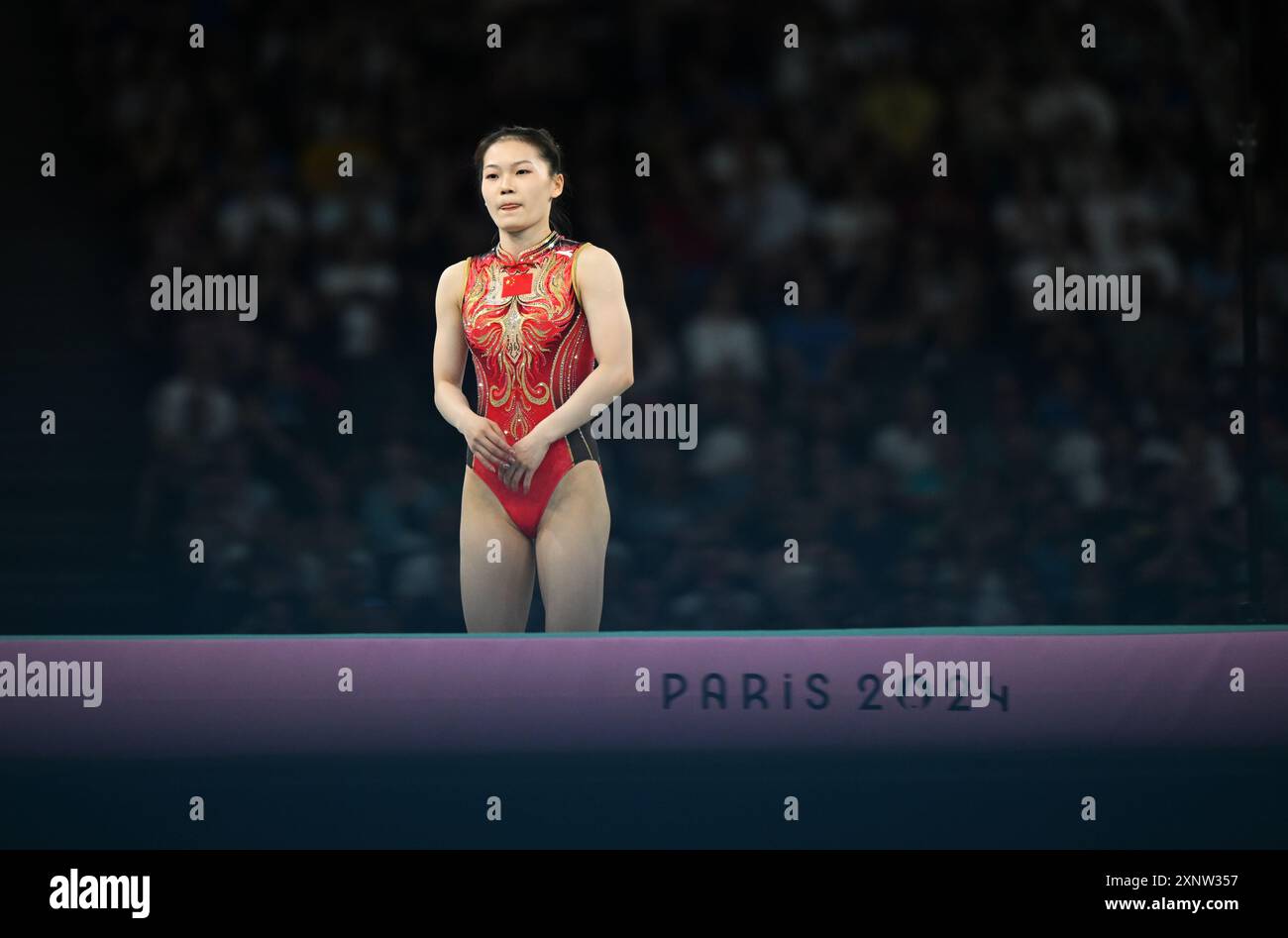 Paris, France. 2nd Aug, 2024. Hu Yicheng of China is seen during the women's final of trampoline ...
