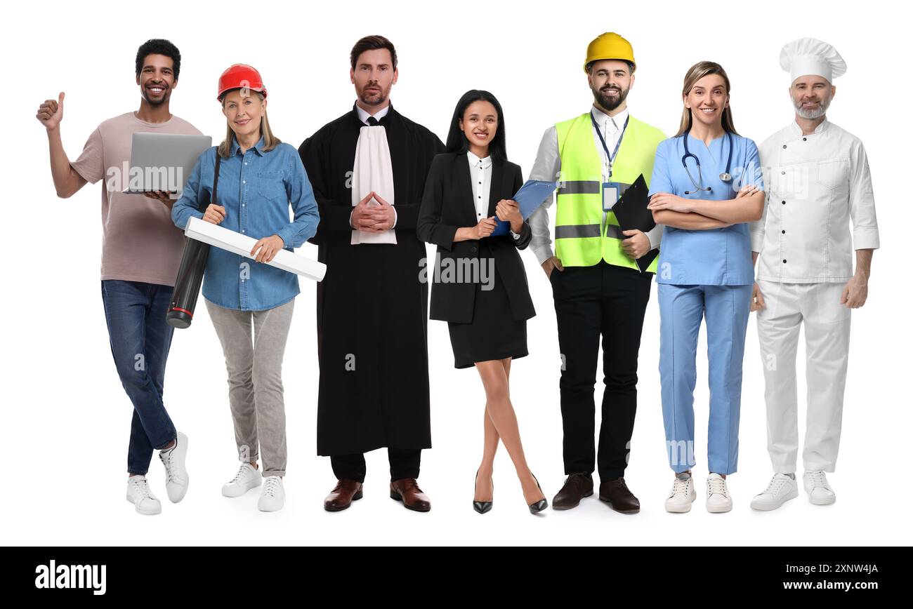 People of different professions. Collage with portraits on white ...