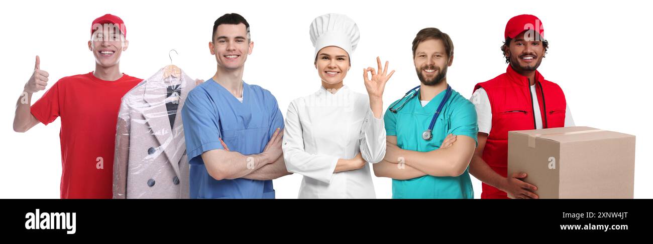 People of different professions. Collage with portraits on white ...
