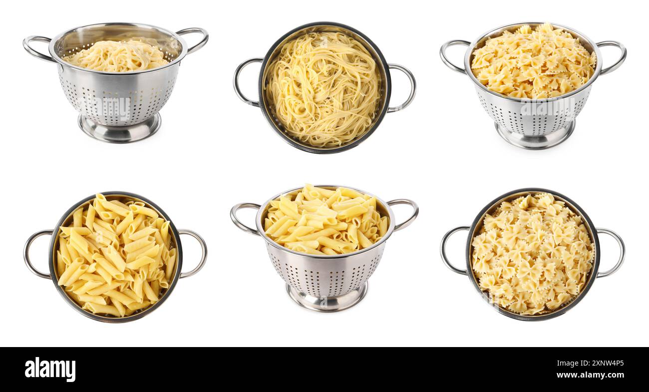 Colanders with different types of pasta isolated on white, set Stock ...