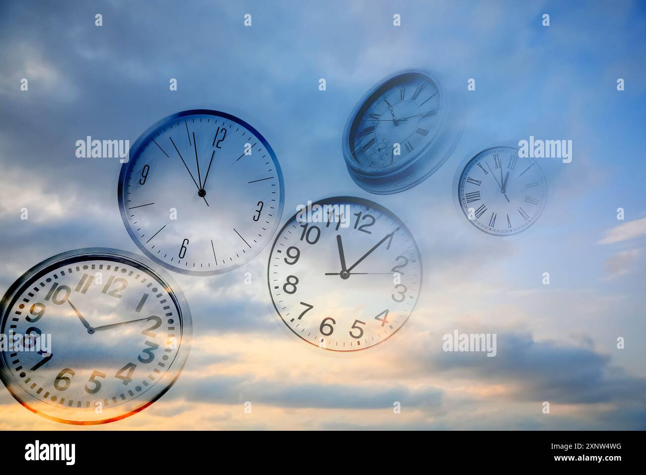 Clocks and sky lit by sunset, double exposure. Time concept Stock Photo ...