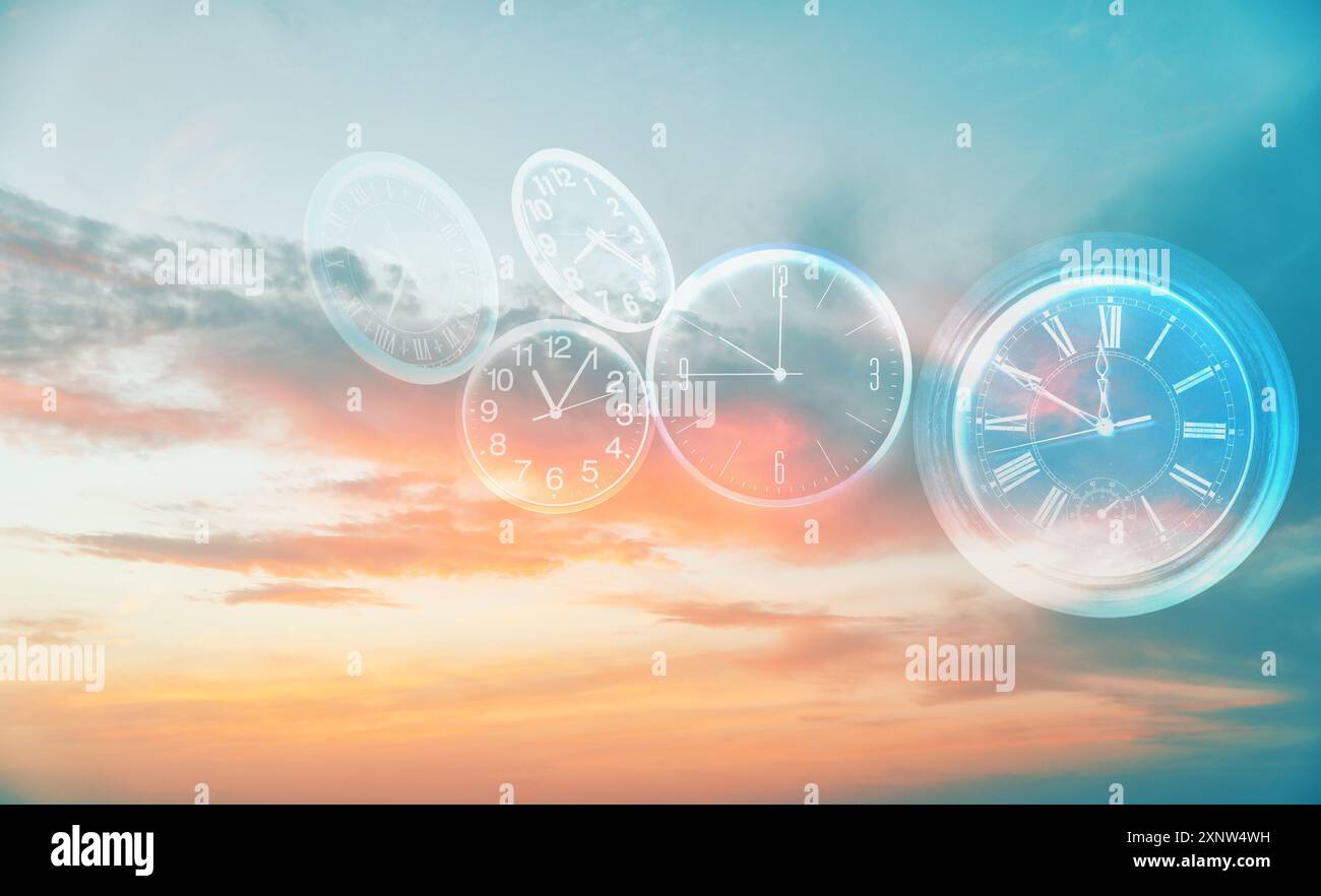 Clocks and sky lit by sunset, double exposure. Time concept Stock Photo ...