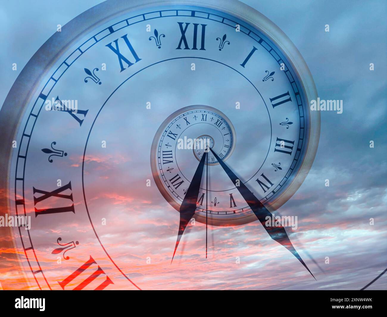 Double exposure of vintage style clock and sunset sky. Time concept ...