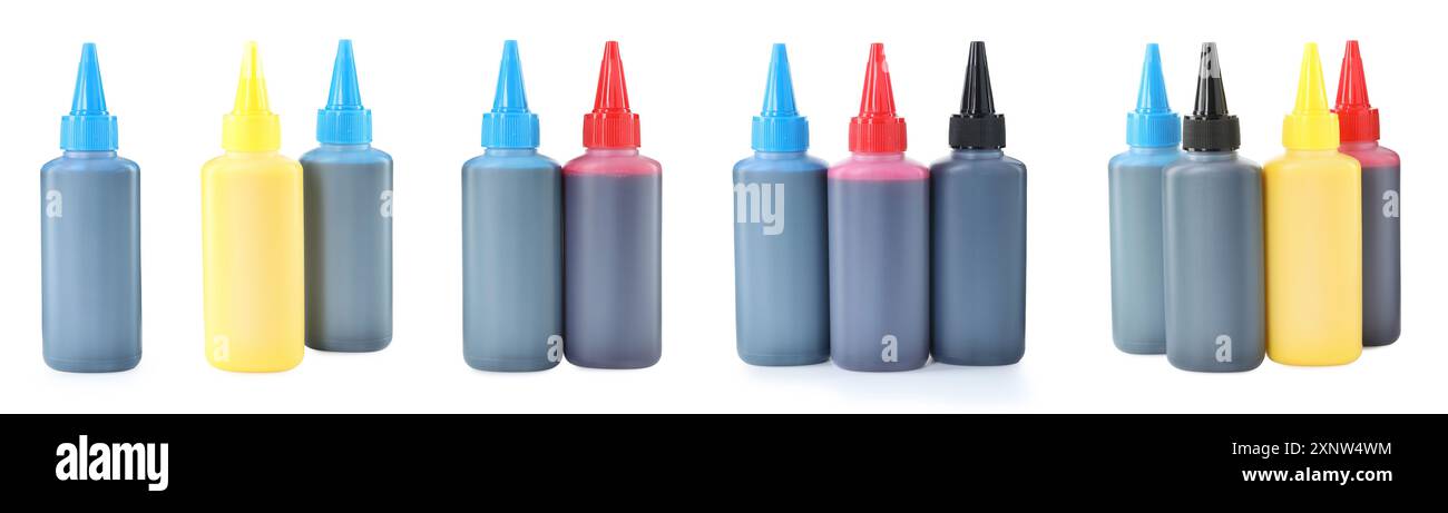 Printer ink of different colors in bottles isolated on white, set Stock ...