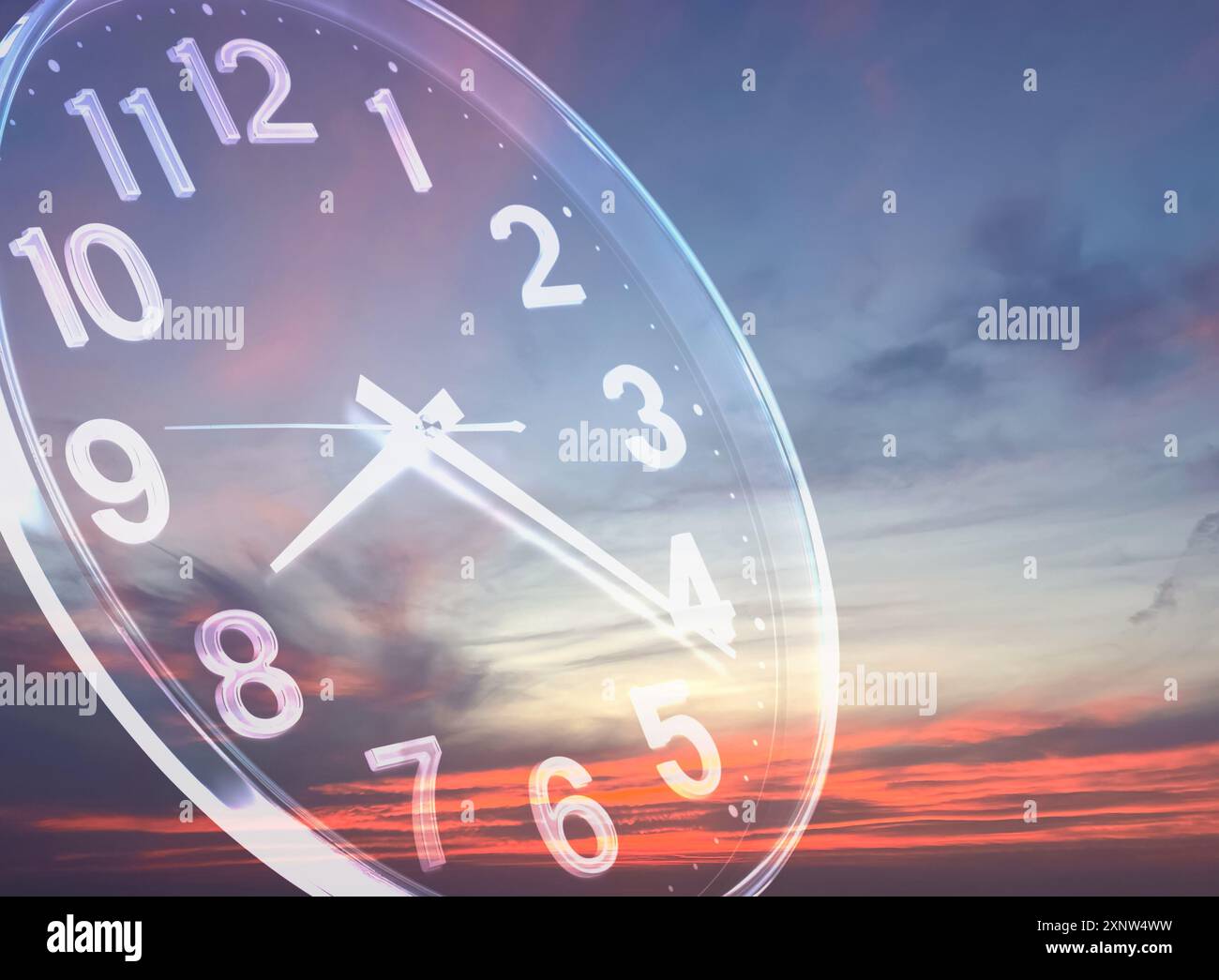 Clock and sky lit by sunset, double exposure. Time concept Stock Photo ...