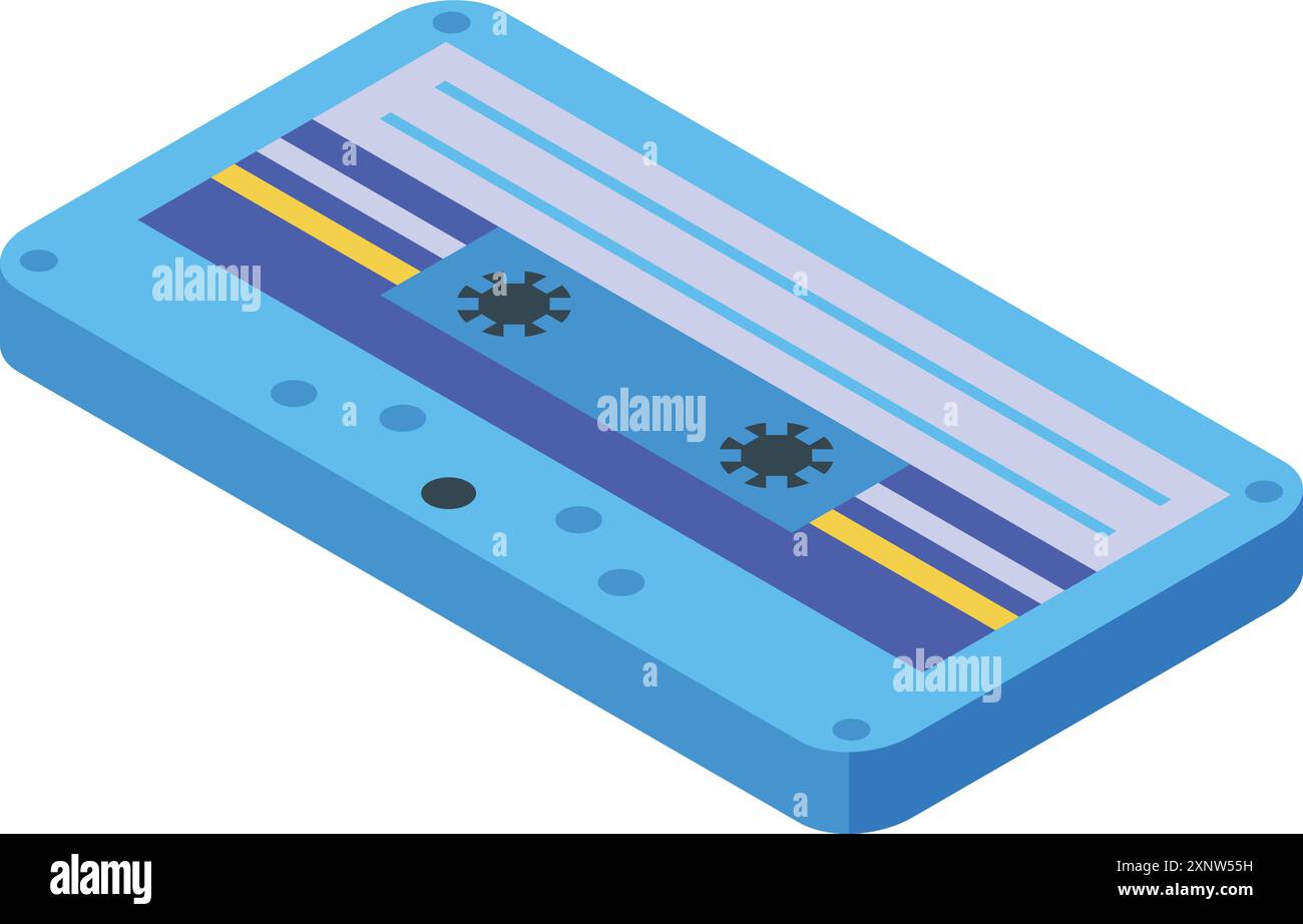 Blue audio cassette tape lying isolated on white background, isometric ...