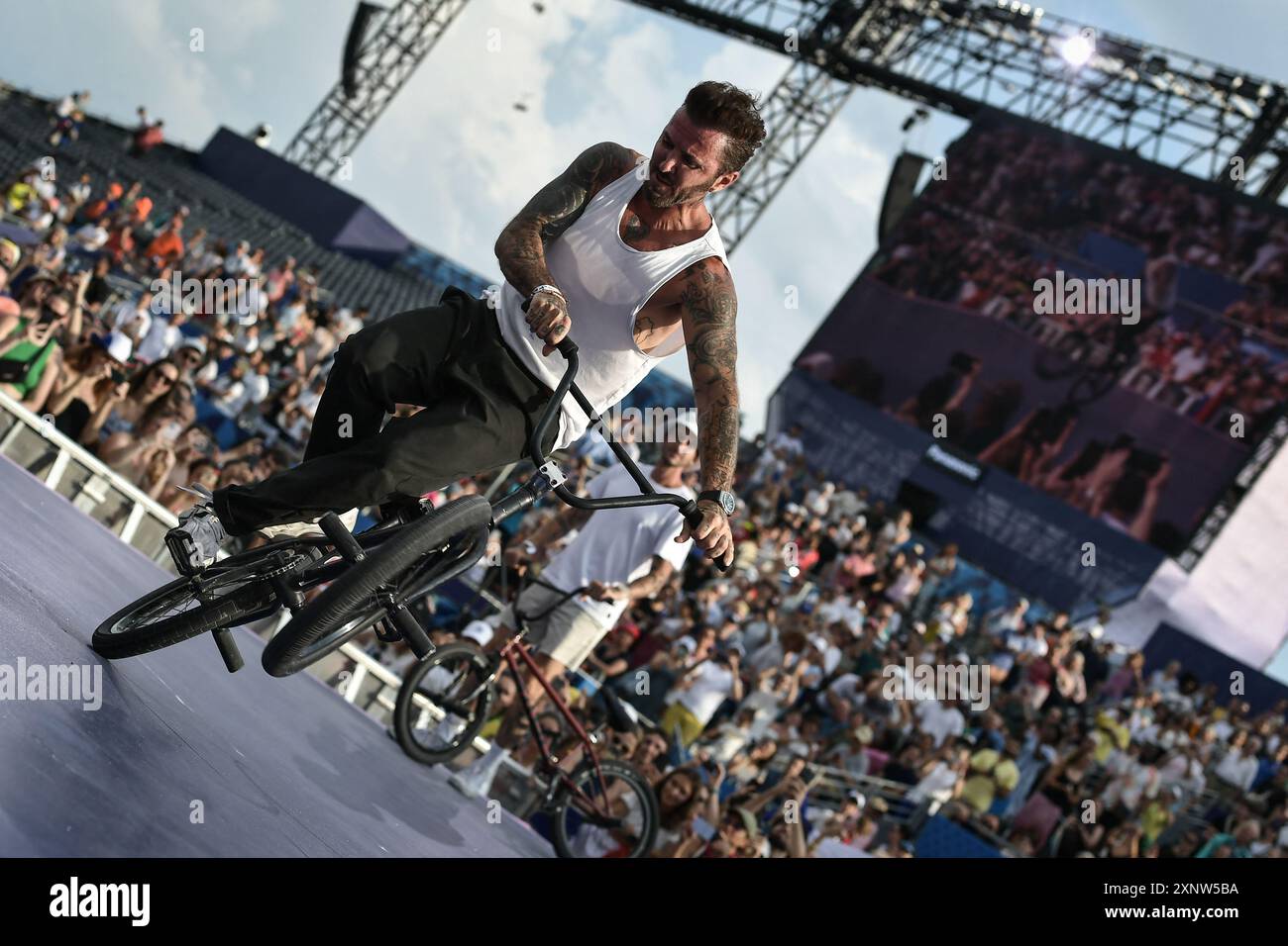 Paris, France. 01st Aug, 2024. Bicycle rider Alexandre Jumelin performs ...