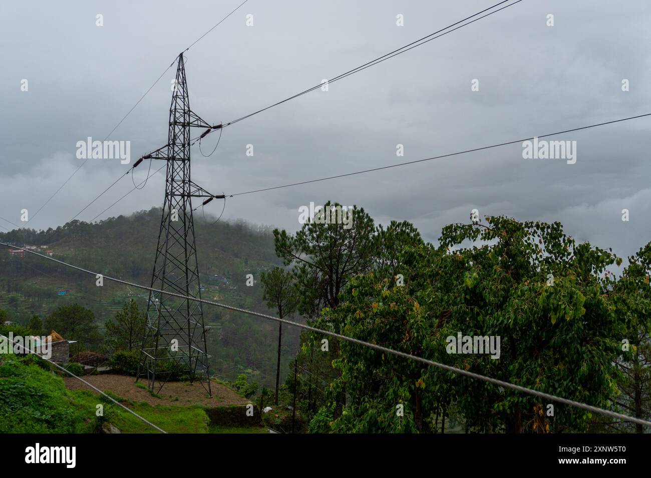 High-voltage electrical wires distributing electricity in the upper ...