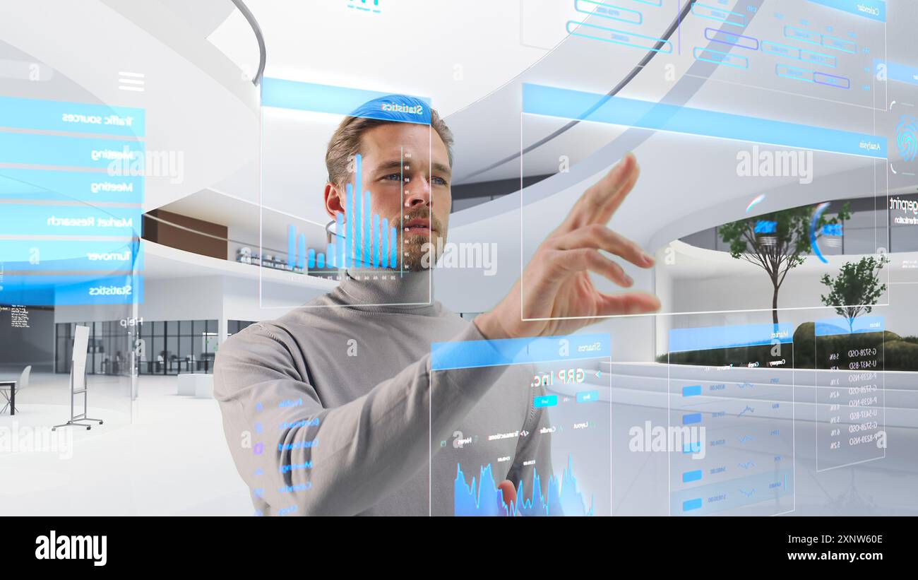 Handsome Man Standing in Futuristic Virtual Space, Interacting with an Augmented Reality ...