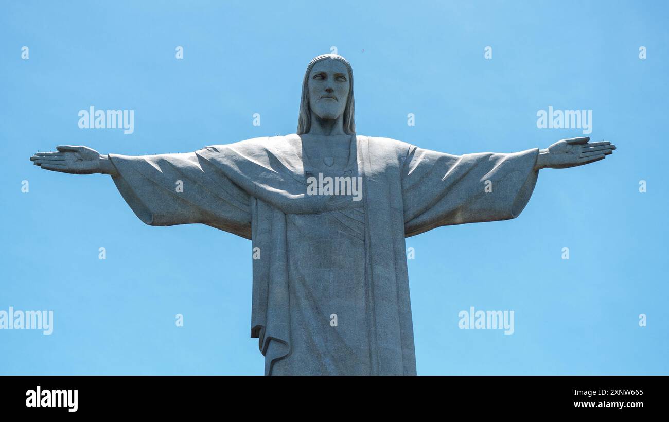 Statue of Christ the Reedemer statue close up, blue sky, Rio de Janeiro ...