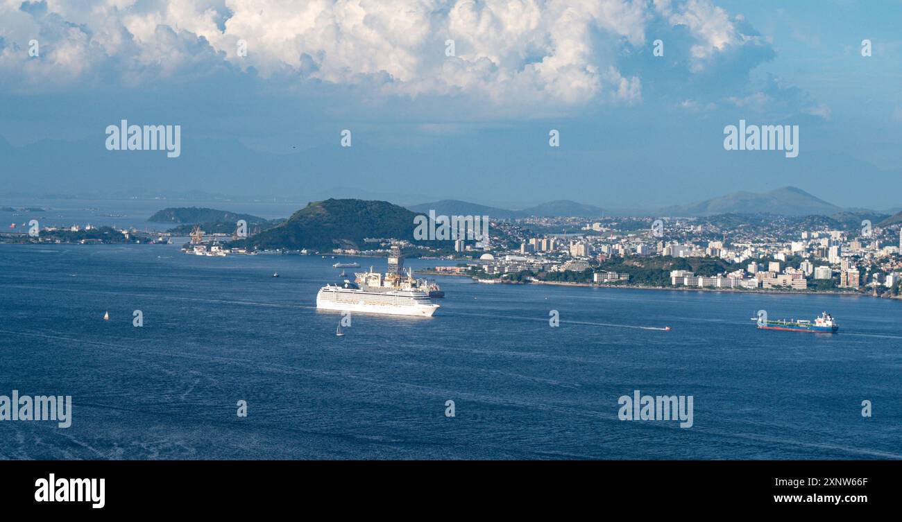 Cruise across the Atlantic Ocean, with views of the modern city of Rio ...