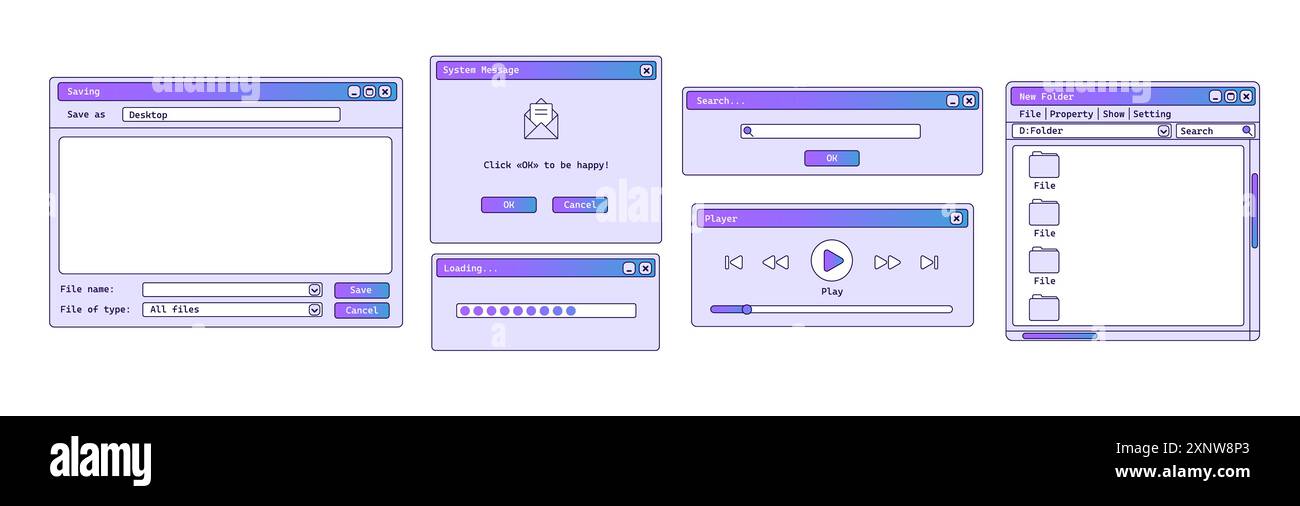 Set of old windows with gradient. Purple music player on computer Stock ...