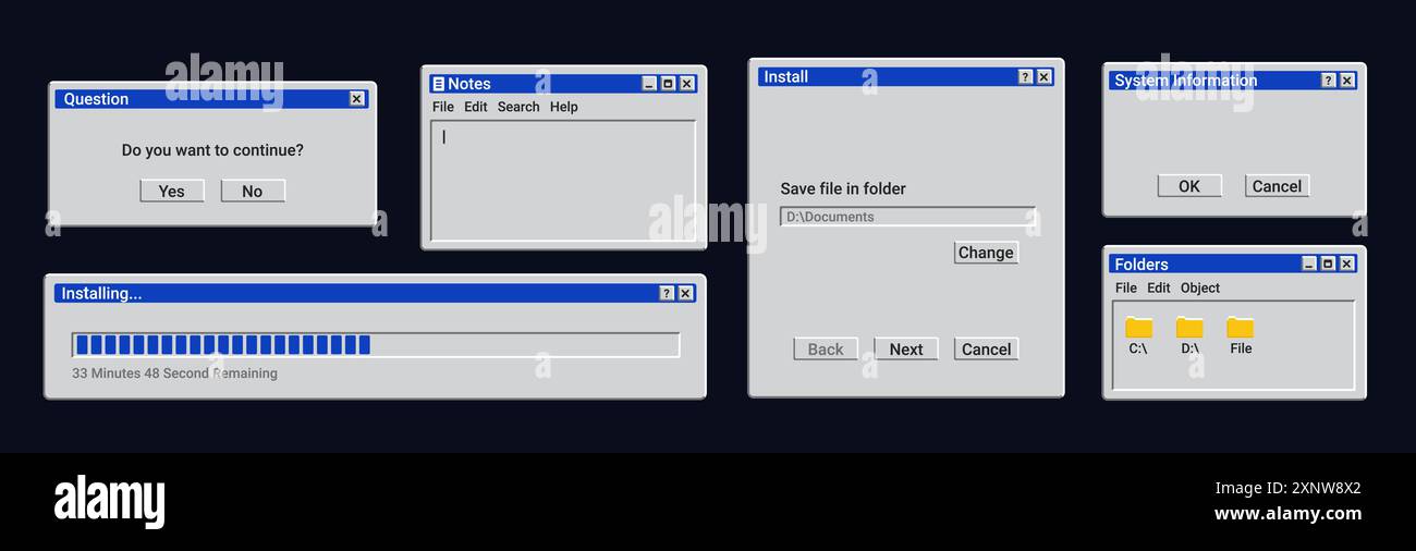Set of old window messages. Retro loading bar on screen Stock Vector ...