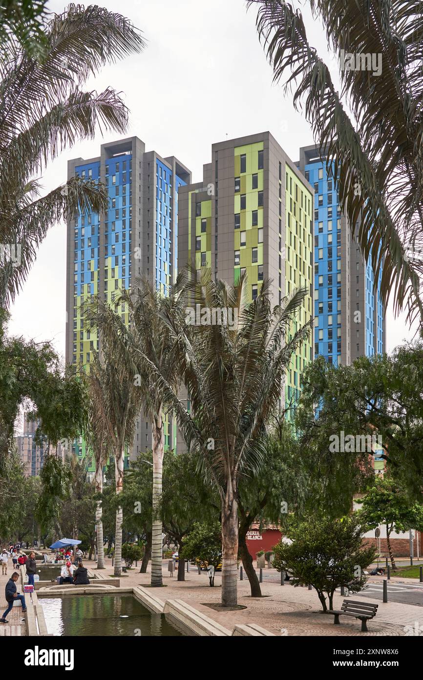 Tall, colorful modern high-rise buildings in downtown Bogota, Colombia ...