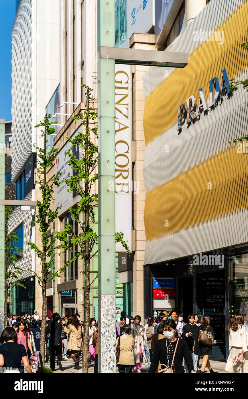 Ginza Core and the Prada store on the Ginza with its golden and grey slated design above the ...