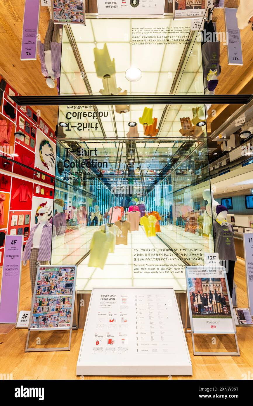 Interior of the Ginza UniQlo flagship store. Ground floor display of t ...