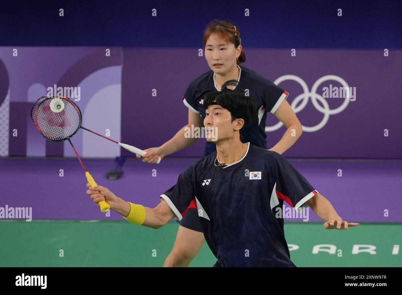 South Korea's Kim Won-ho, front, and Jeong Na-eun play against China's Zheng Si Wei and Huang Ya ...