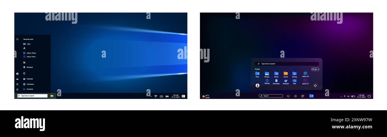 Modern operating systems window in blue and purple style with user interface and programs Stock ...