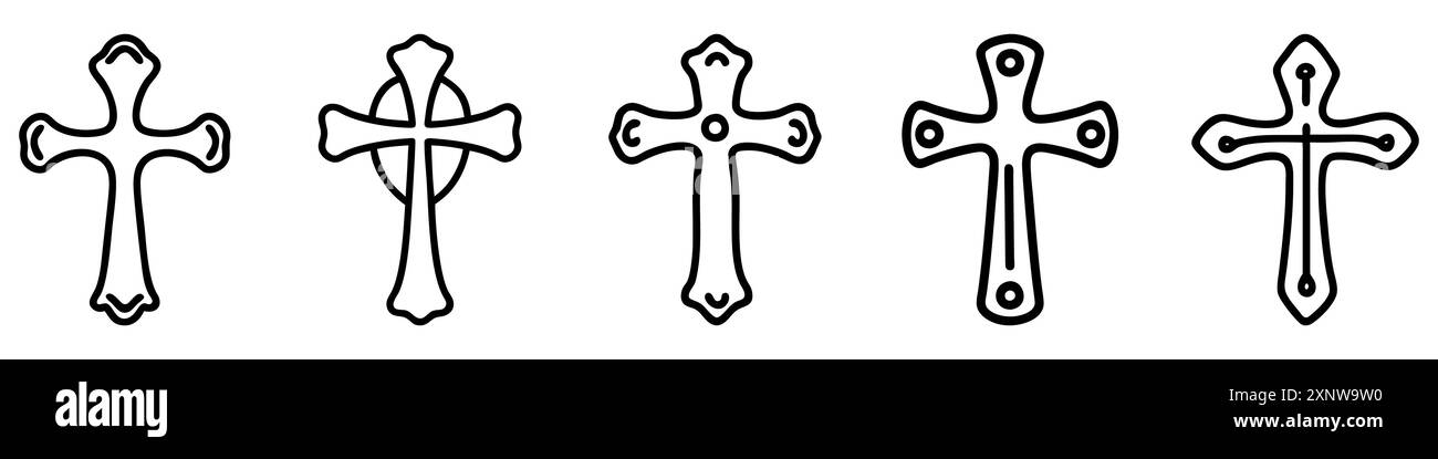 Christian cross icons set. Simple drawn line art icon of a christian ...
