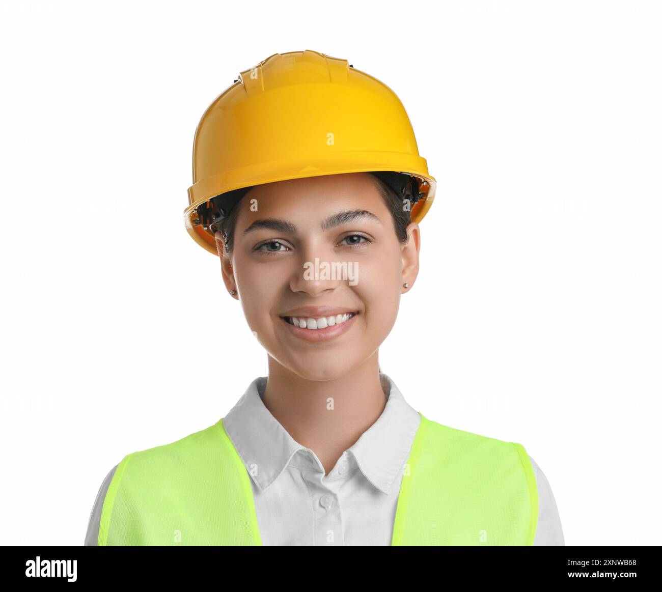 Engineer in hard hat on white background Stock Photo - Alamy