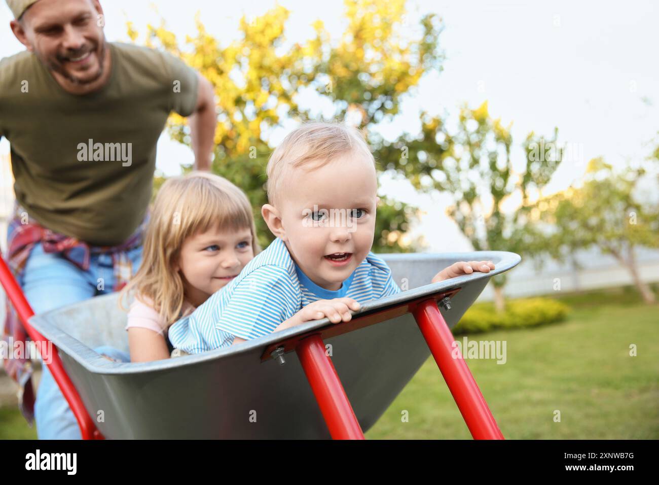 Father pushing wheelbarrow with his kids outdoors Stock Photo - Alamy