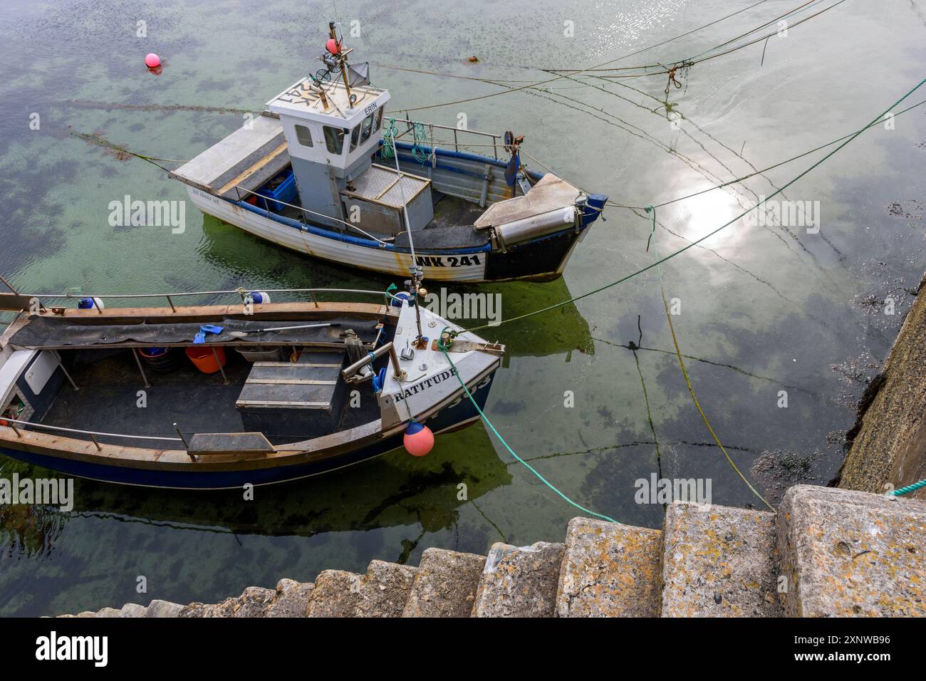 Two boats and steps at Skerray Bay harbour, Skerray, Sutherland ...