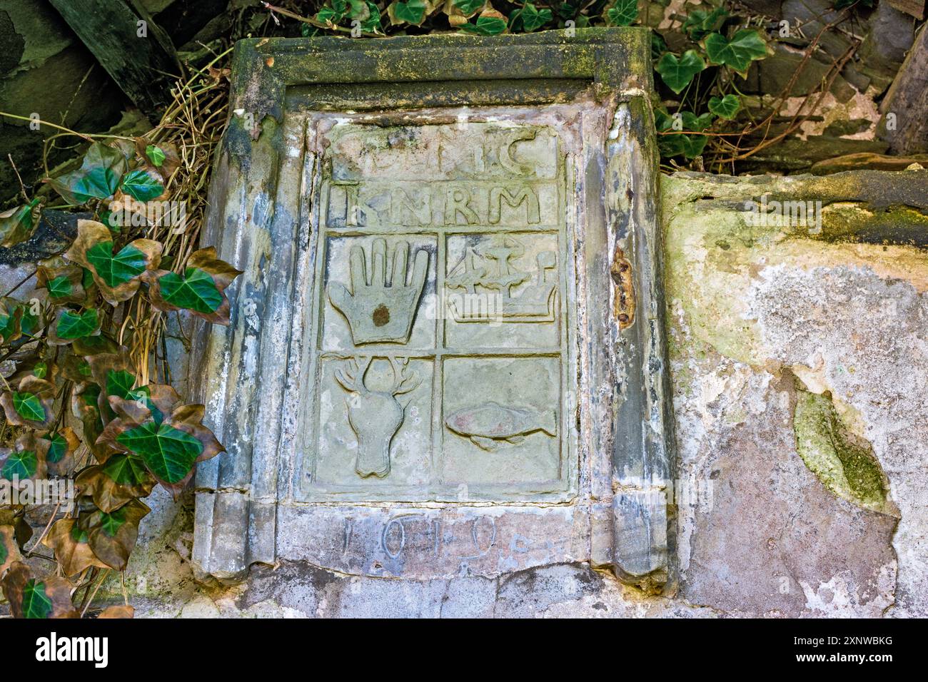 Stone plaque on a wall at Balnakeil Church, near Durness, Sutherland ...