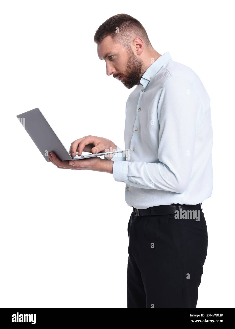 Man with poor posture using laptop on white background Stock Photo - Alamy